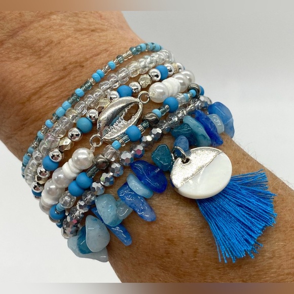 Jewelry | Bluewhitesilver 7 Piece Beaded Bracelet Stack Nwt Bohochic ...